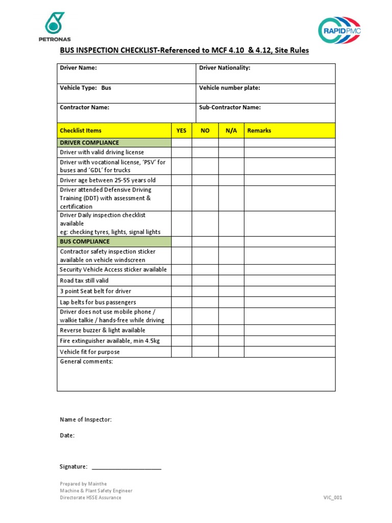 Bus Inspection Checklist | PDF | Bus | Vehicles