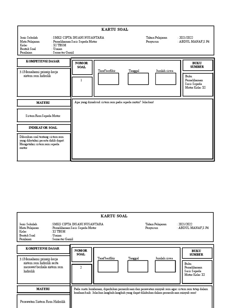 KARTU SOAL Uraian | PDF