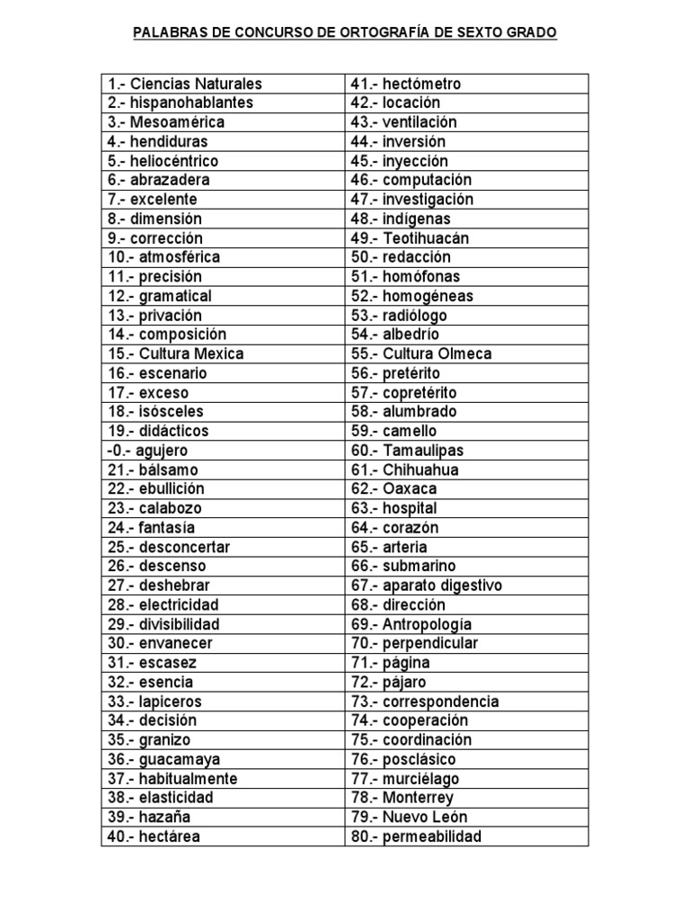 Palabras de Concurso de Ortografía de Sexto Grado | PDF