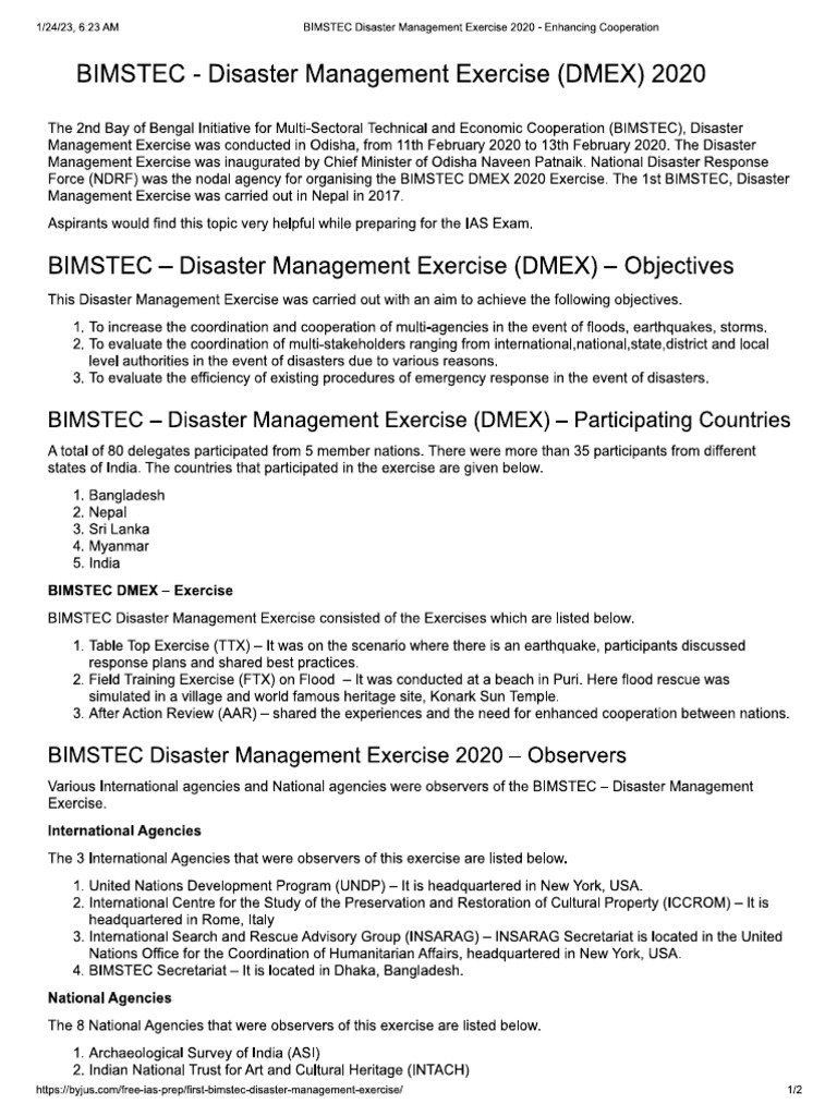 BIMSTEC - Disaster Management Exercise (DMEX) | PDF
