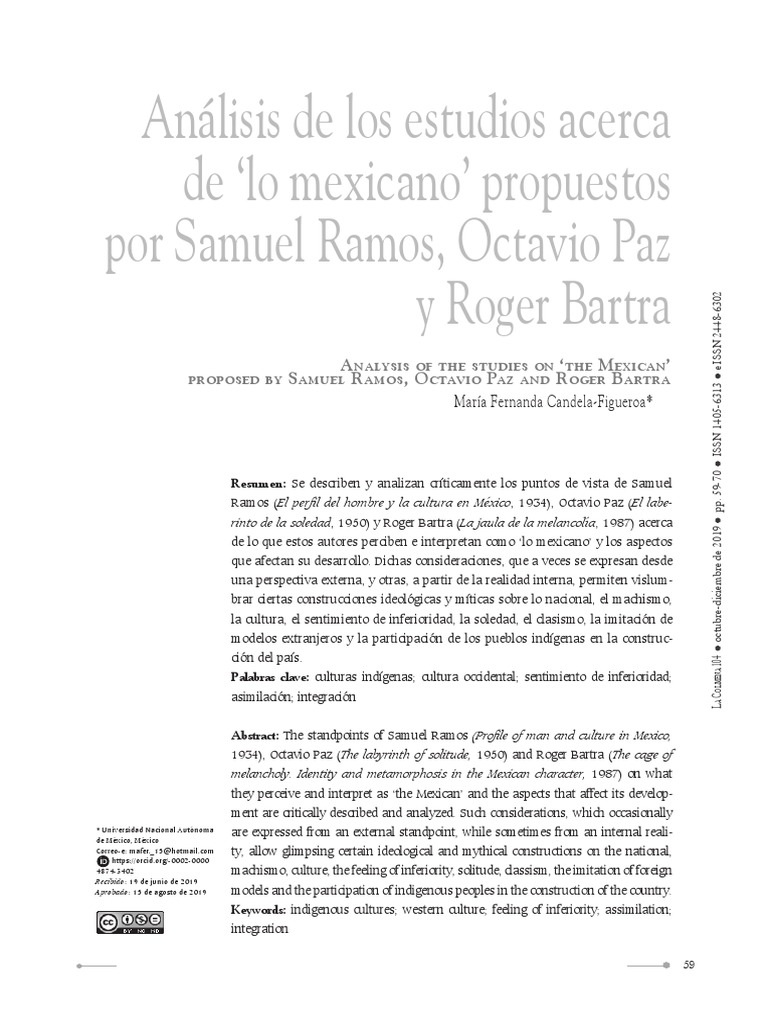 AnalisisDeLosEstudiosAcercaDeLoMexicano Samuel Ramos, Octavio Paz, Roger Bartra | PDF | México ...
