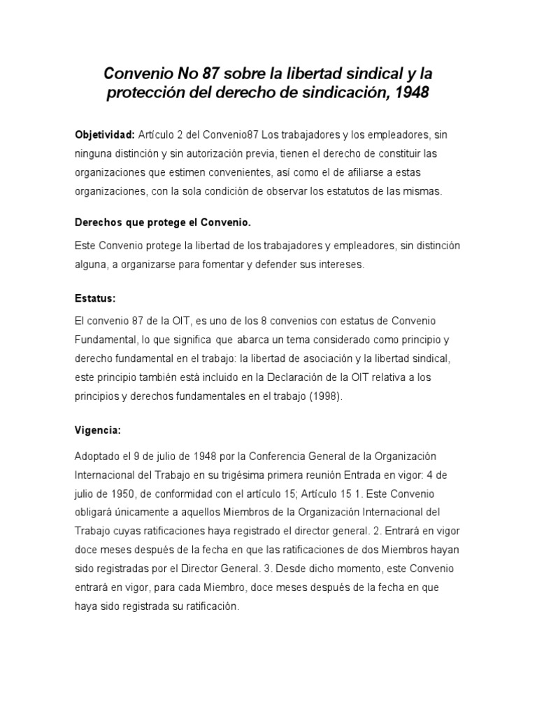 Convenio No 87 Sobre La Libertad Sindical y La Protección Del Derecho de Sindicación | PDF ...