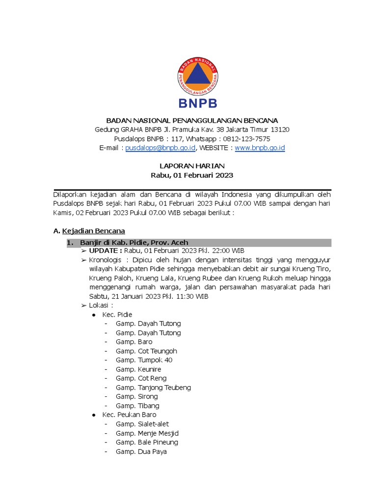 Laporan Harian PUSDALOPS 01022023.docx | PDF