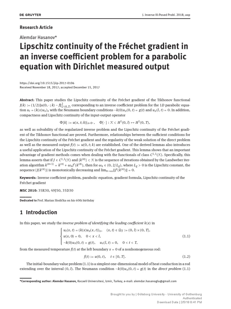 Hasanov - Lipschitz Continuity of The Fréchet Gradient in An Inverse Coefficient Problem For A ...