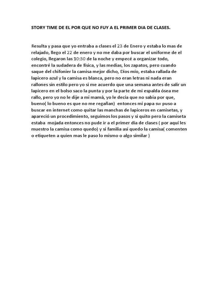 Story Time de El Por Que No Fui A El Primer Dia de Clases | PDF