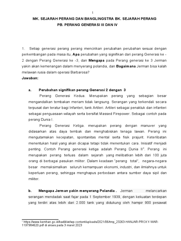Jawaban Tor BK Sejarah Perang PB Perang Generasi III Dan IV | PDF ...