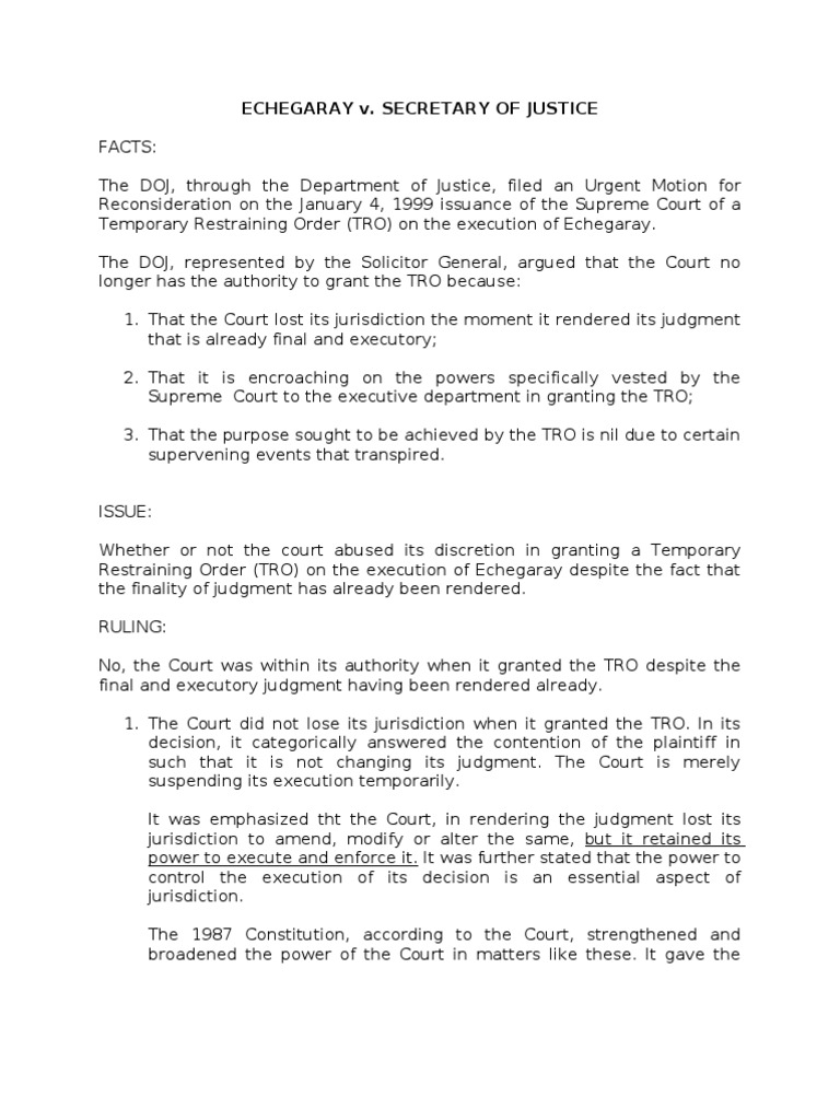19 - B Echegaray V Secretary of Justice - Digest | PDF | Judgment (Law ...