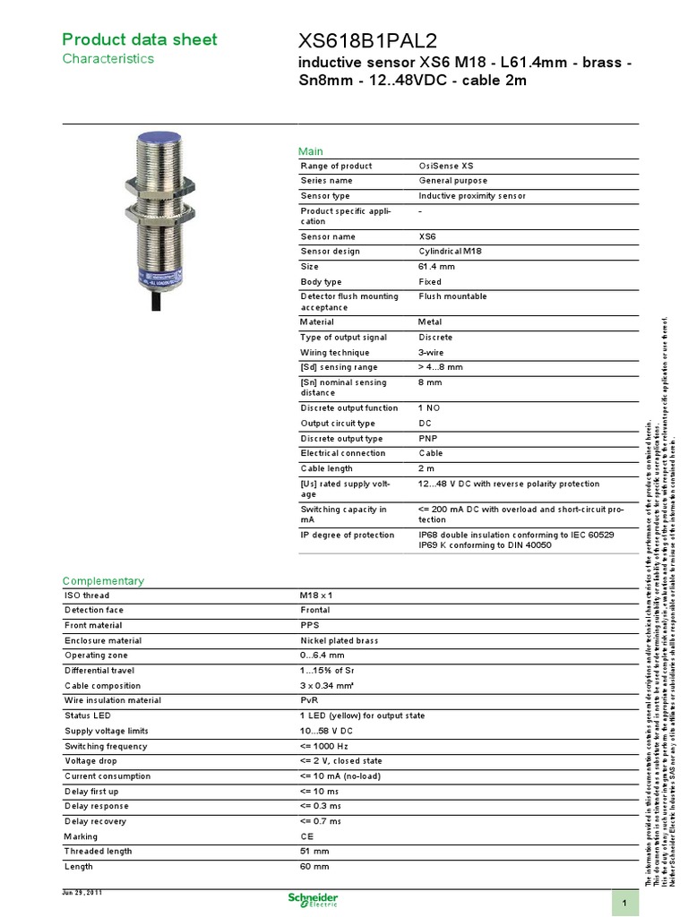 XS618B1PAL2 DataSheet | PDF | Sensor | Electrical Wiring