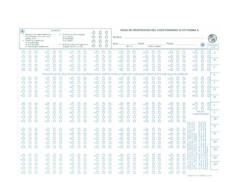 Protocolo Hoja de Respuesta Del Cuestionario Del 16 FP | PDF
