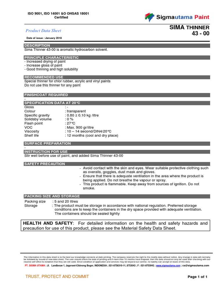 Sigma Utama Paint (SIMA Thinner 43 - 00) | PDF | Paint | Chemistry