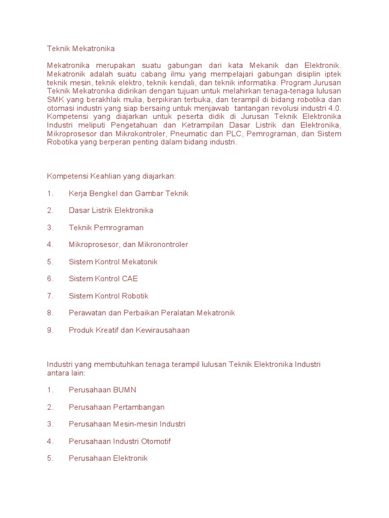 Teknik Mekatronika: Kompetensi dan Peluang Karir | PDF
