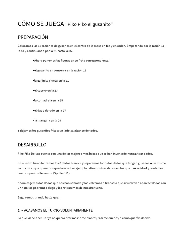 Piko Piko El Gusanito Reglas Del Juego | PDF