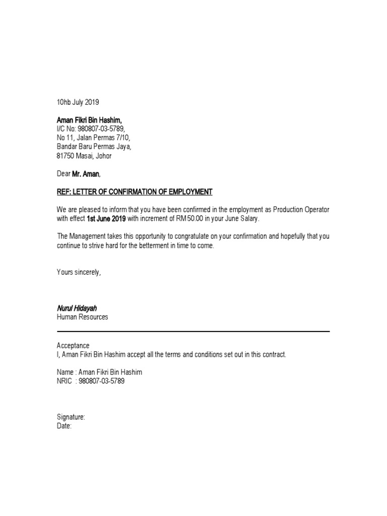 Letter of Confirmation Employment | PDF