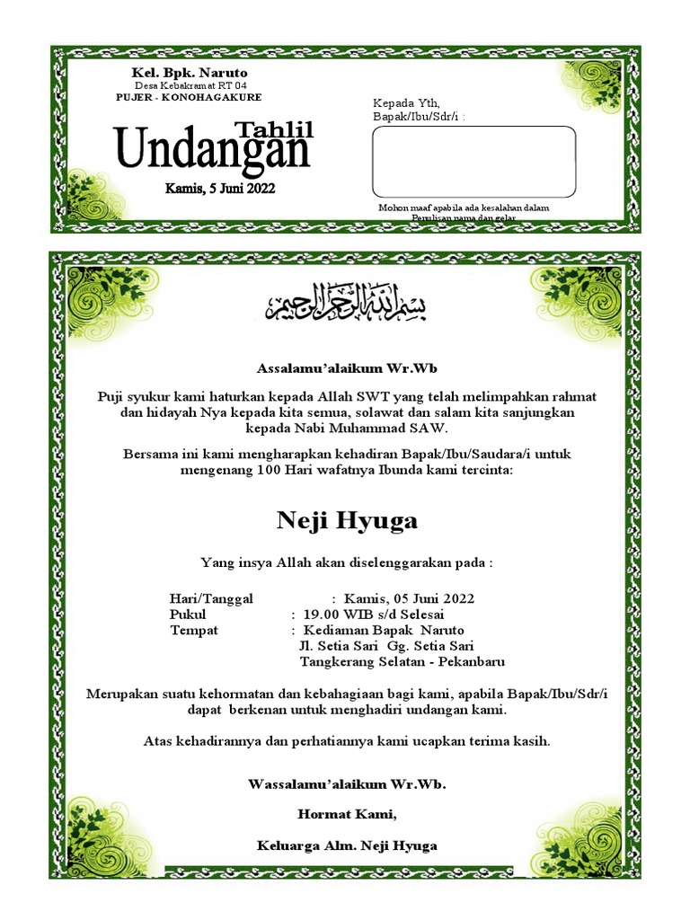 Contoh Undangan Tahlil Berwarna 100 Hari | PDF