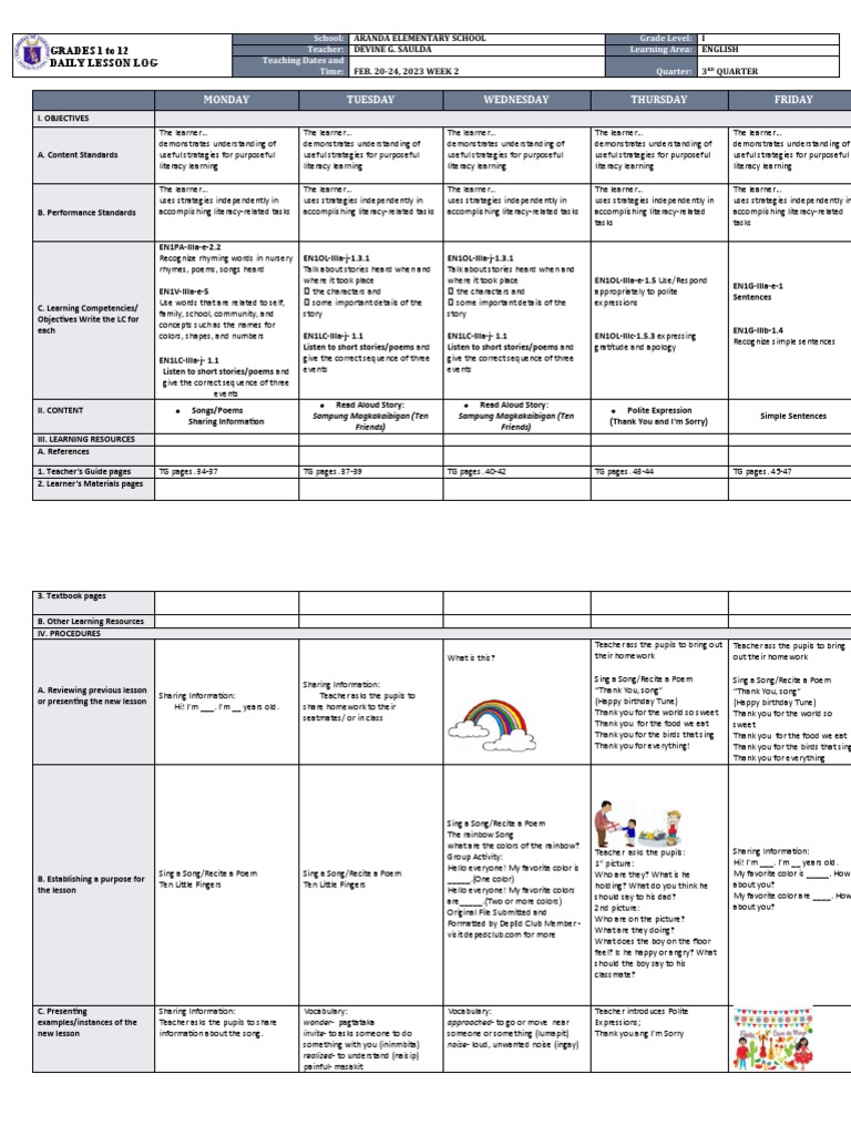 DLL - English 1 - Q3 - W2 | PDF | Learning | Literacy DLL - English 1 - Q3 - W2 | PDF | Learning | Literacy
