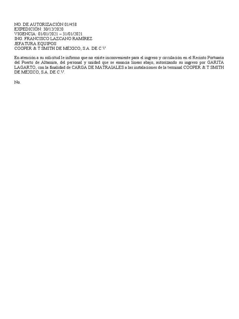 Autorización de acceso al Puerto de Altamira para carga de materiales ...