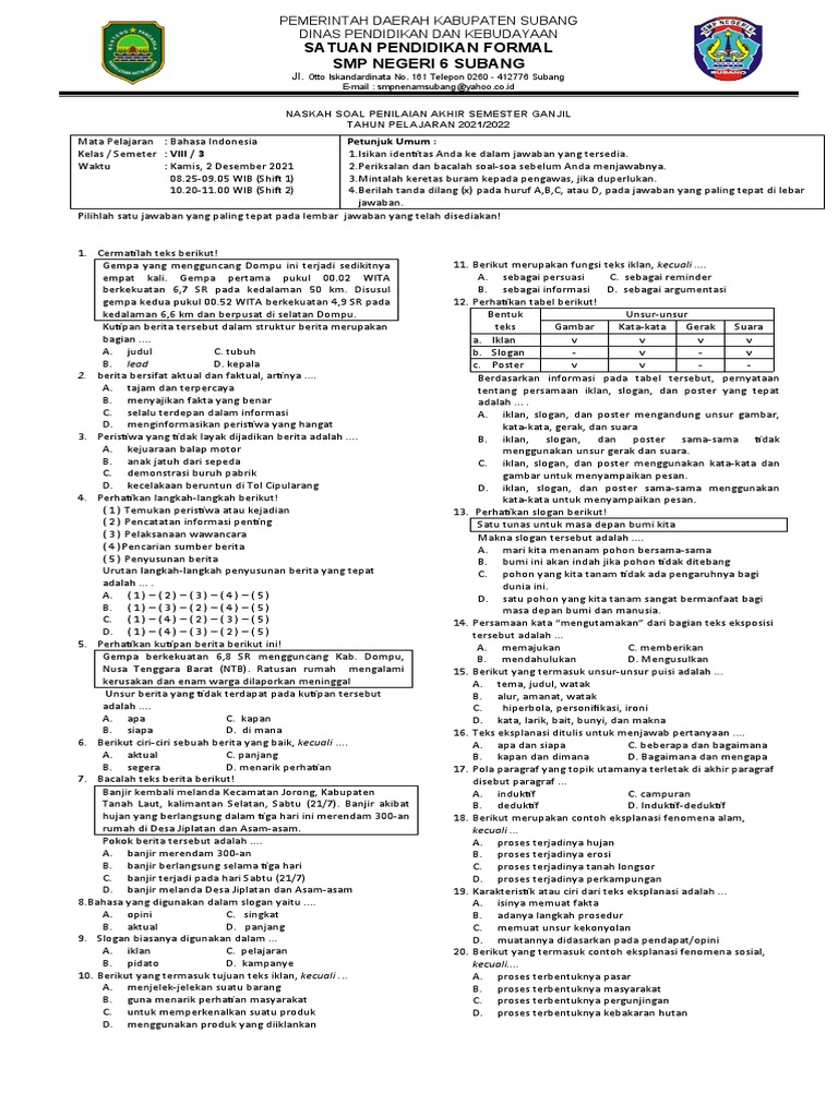 Soal Pas 8 Ganjil 2021-2022 Bindo | PDF