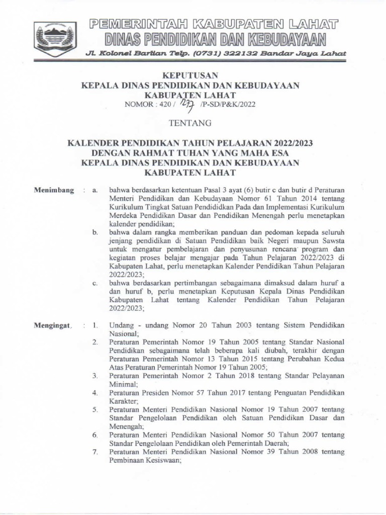 Kalender Pendidikan Tahun Pelajaran 2022 2023 Jenjang SD Kab Lahat | PDF