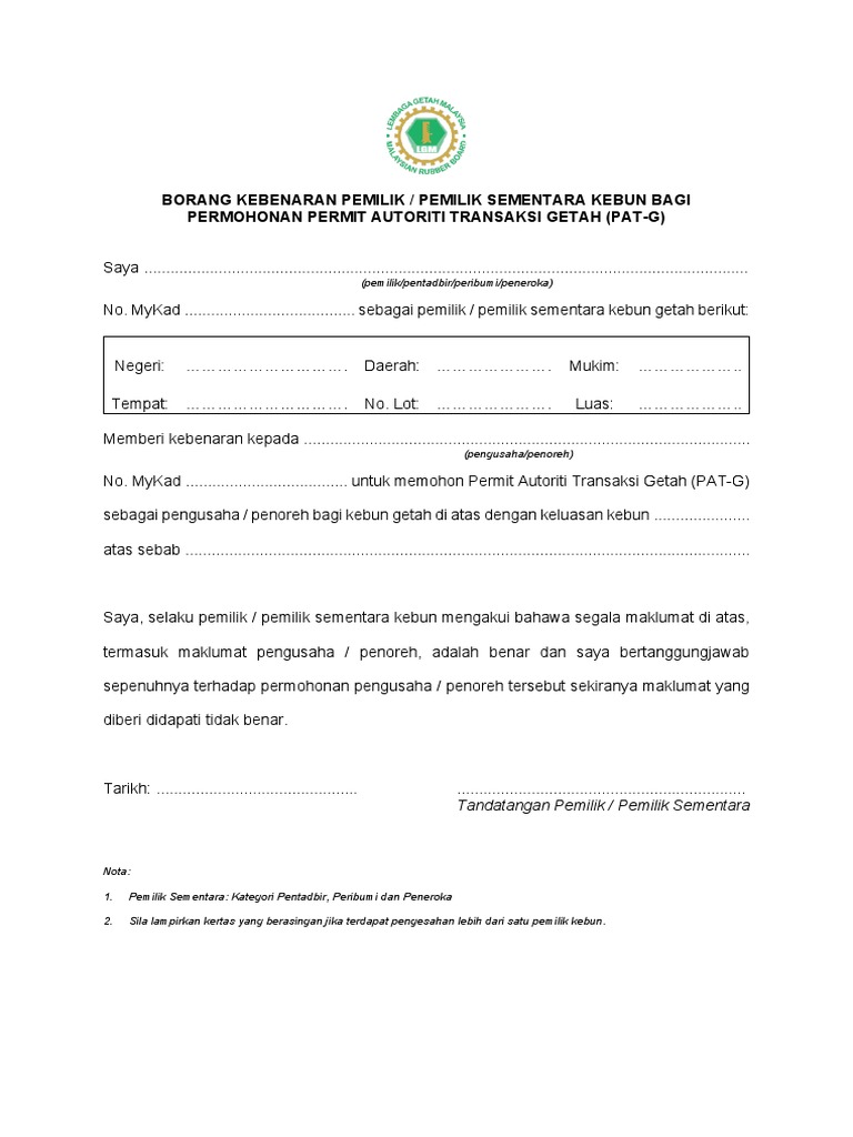 Permohonan Permit PAT-G Kebun Getah | PDF | Hukum | Komputer