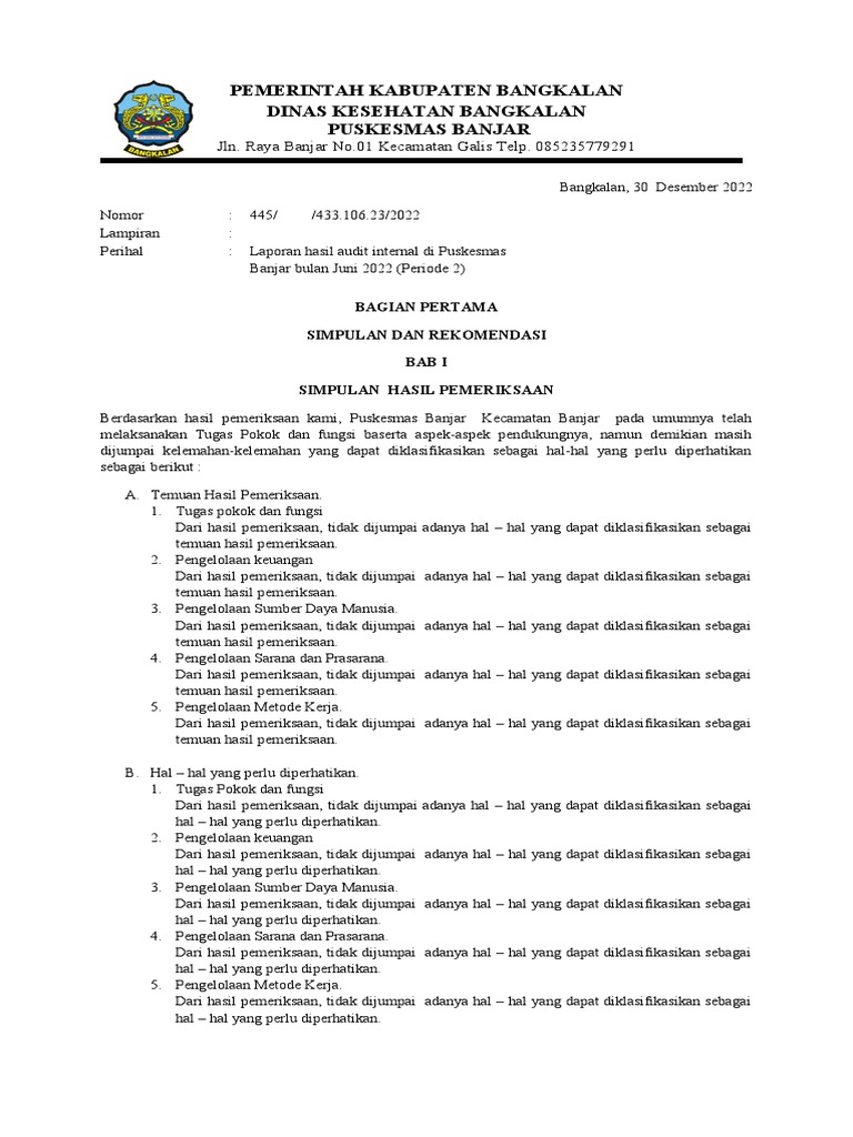 Laporan Hasil Audit Internal (P 2) 2022 | PDF