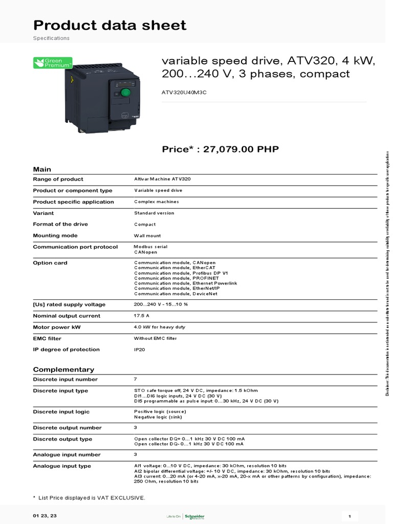 ATV320U40M3C Variable Speed Drive Data | PDF | Relay | Electric Motor