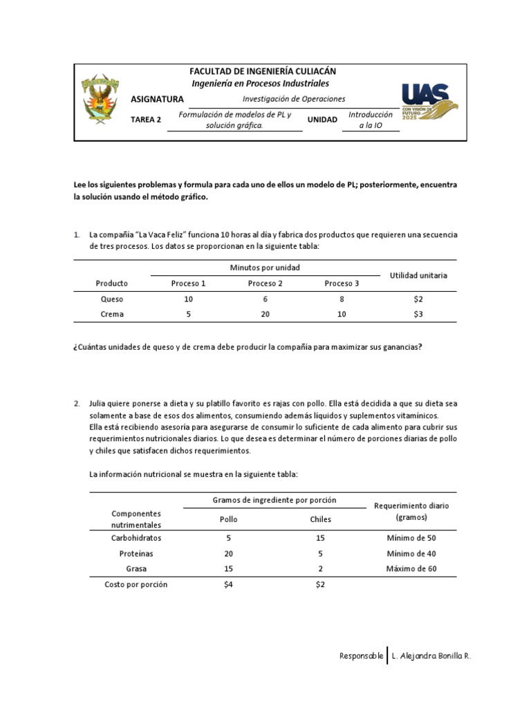 Tarea 2. Formulación de Modelos de PL y Solución Gráfica | PDF | Alimentos | Nutrición
