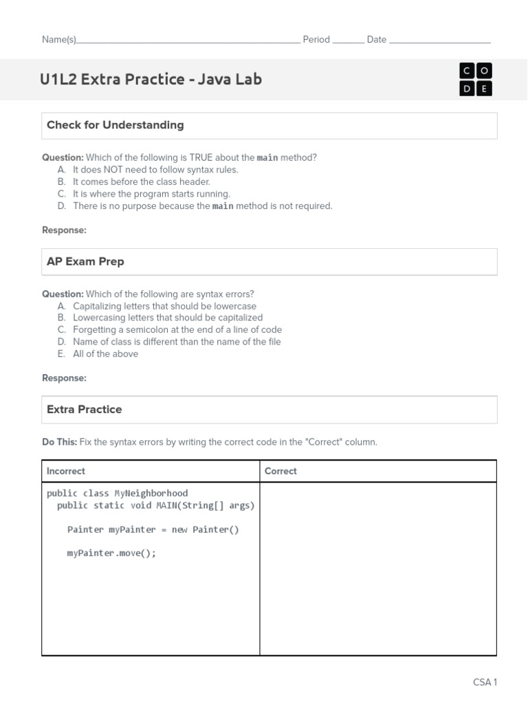 CSA U1L2 Extra Practice | PDF
