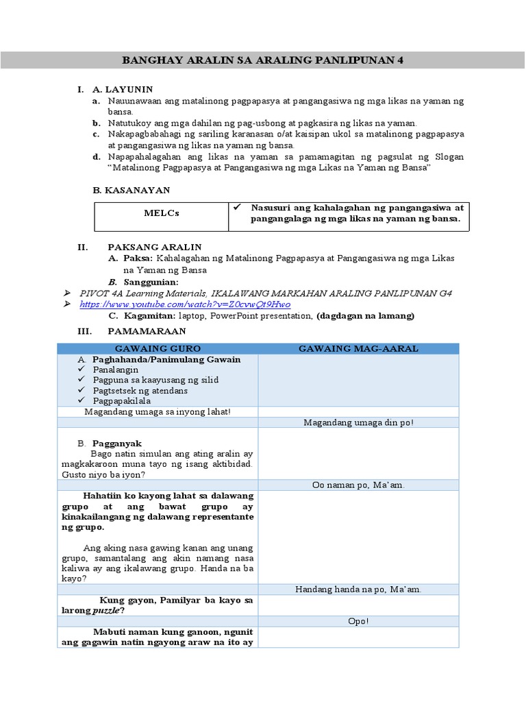 Banghay Aralin Sa Araling Panlipunan 4 | PDF