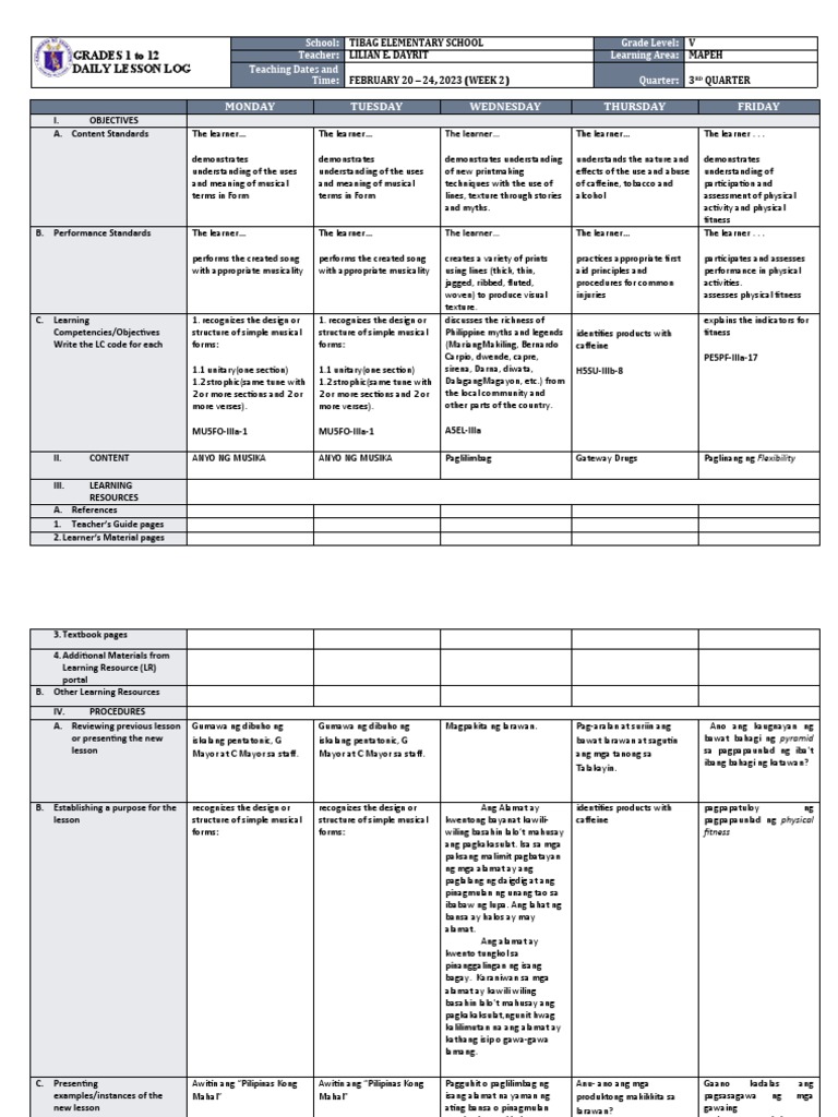 DLL - Mapeh 5 - Q3 - W2 | PDF | Learning