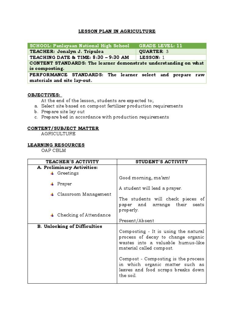 Grade 11 Agriculture Lesson Plan: Composting | PDF