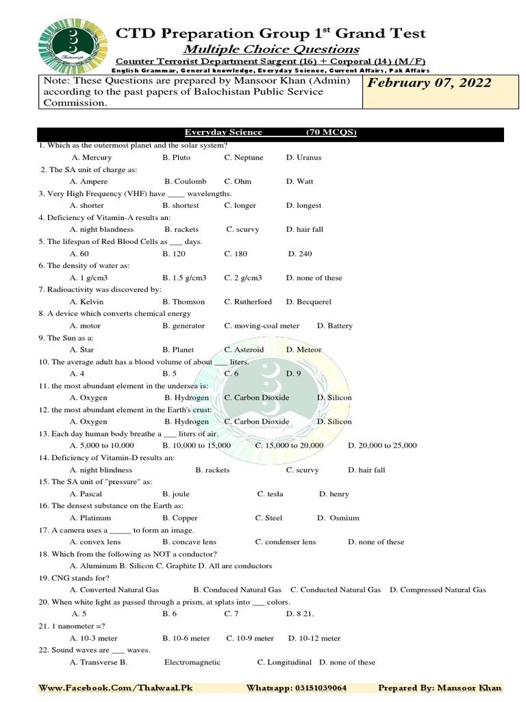 CTD Grand Test MCQs for Sargent & Corporal | PDF | Pakistan | Muhammad ...