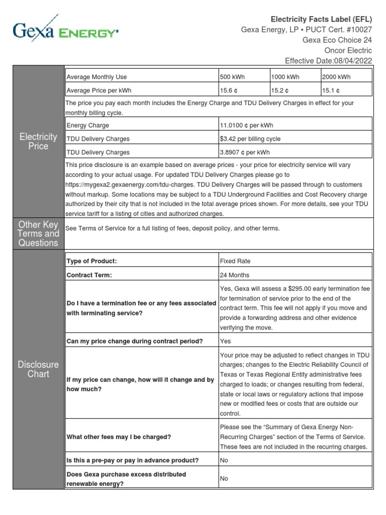 Gexa Eco Choice 24 | PDF | Fee | Economies