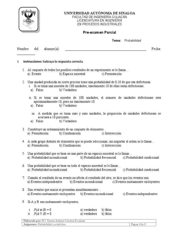 Pre-Examen Parcial | PDF | Probabilidad | Ingeniería de confiabilidad