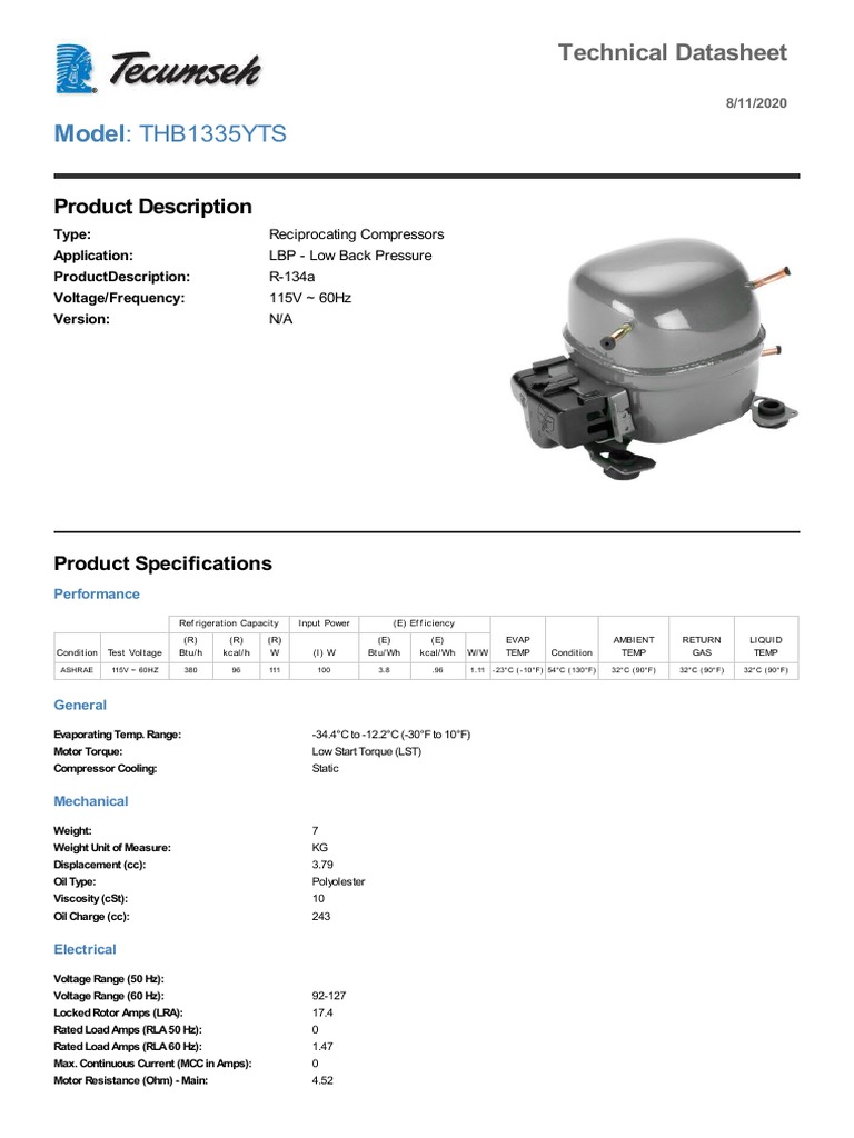 Ficha Tecnica Tecumseh THB1335YS | PDF | Computers | Technology & Engineering