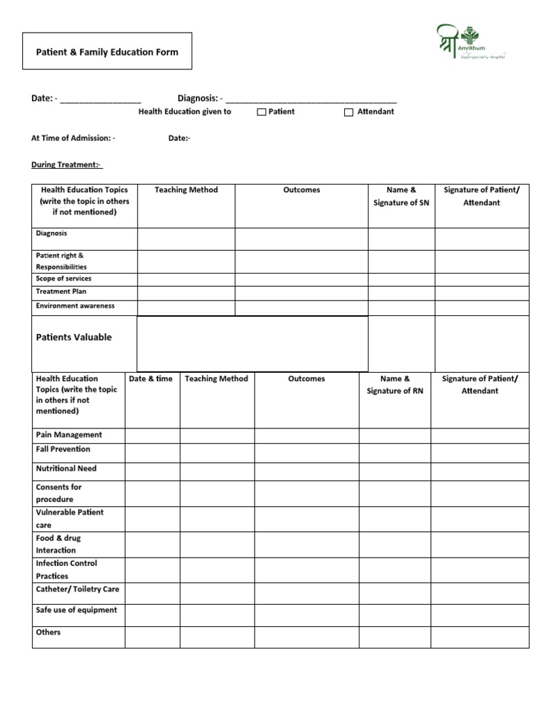 Patient & Family Education Form | PDF | Patient | Therapy