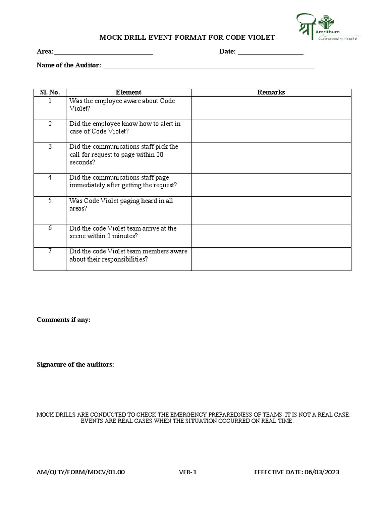Code Violet Mock Drill Format | PDF | Finance & Money Management