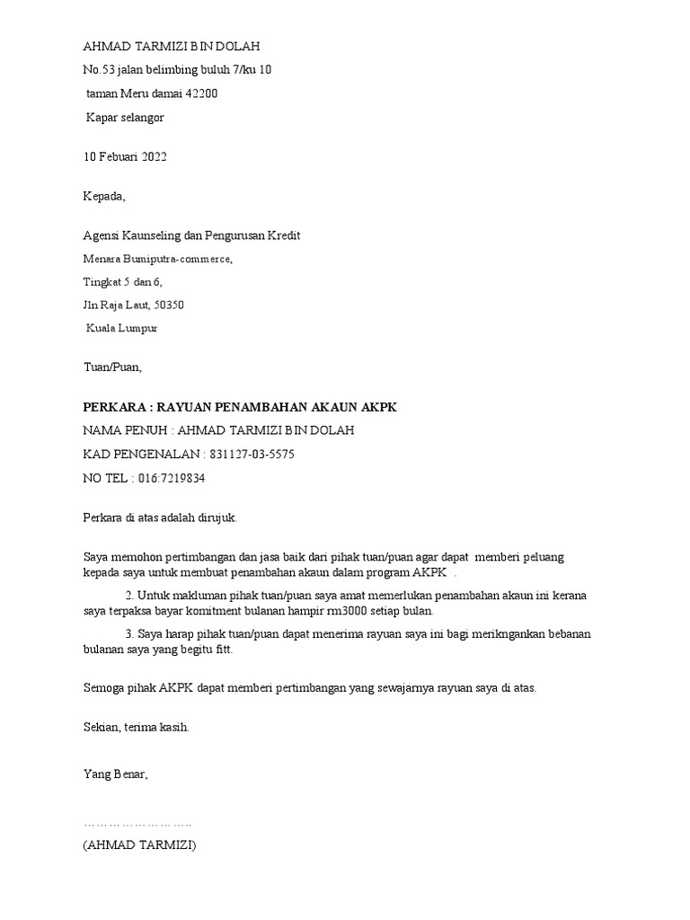Contoh Surat Rayuan Akpk | PDF | Pengelolaan Keuangan & Uang