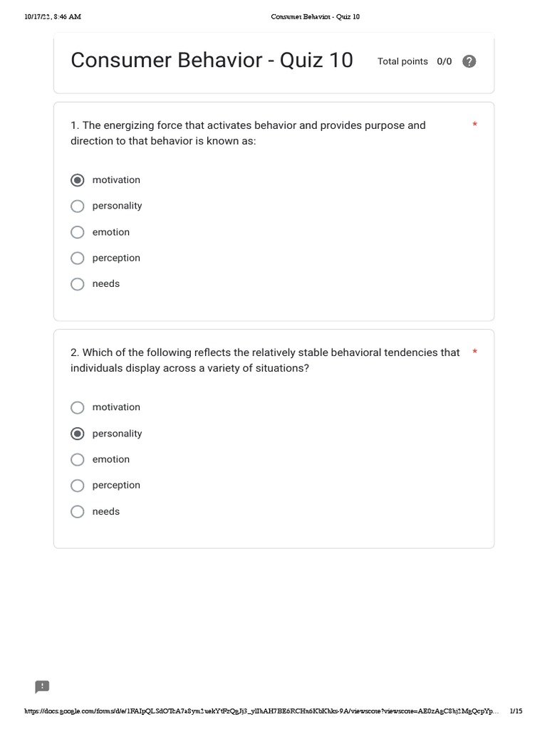 Consumer Behavior - Quiz 10 | PDF | Motivational | Motivation