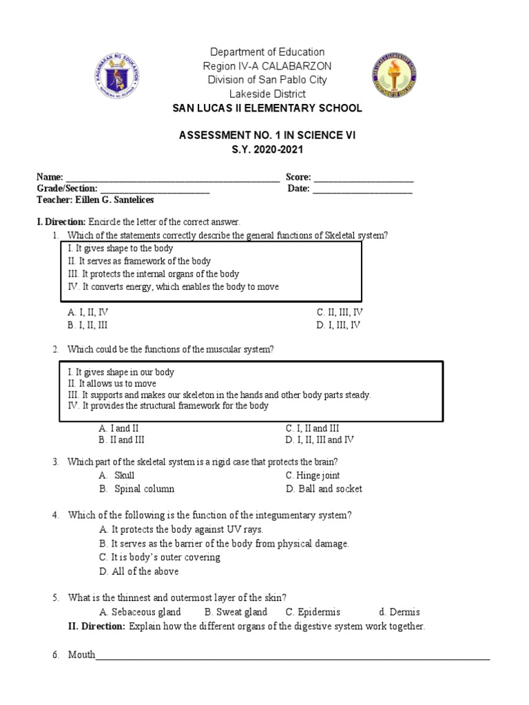 Qtr. 2 Assessment 1 in Science6 2020 | PDF | Skin | Integumentary System