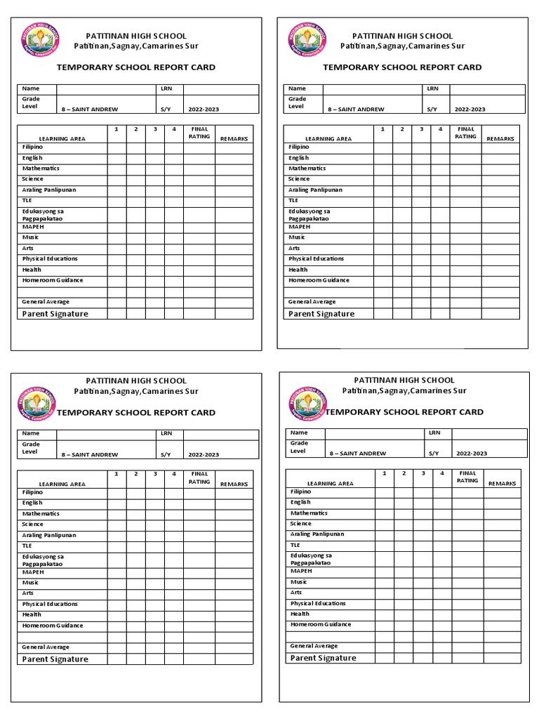 Temporary School Report Card for Grade 8 Students at Patitinan High ...