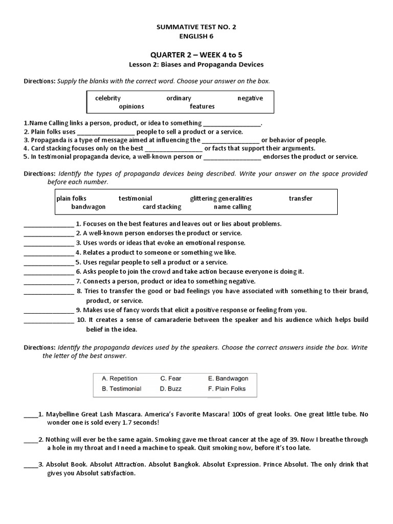 Summative 1 & 2 Eng 6 - MELC-Based (Q2) | PDF