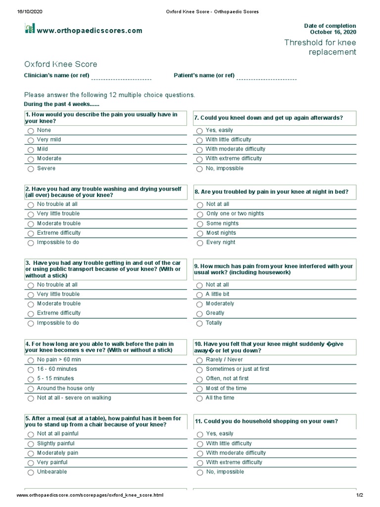 Oxford Knee Score - Orthopaedic Scores | Download Free PDF | Arthritis ...