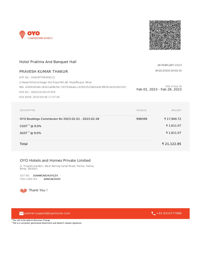 OYO Hotel Bill and Commission Statement | PDF