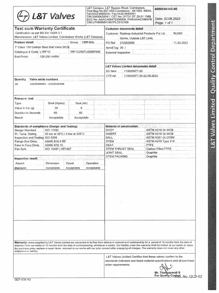Valve Certificates Pdf
