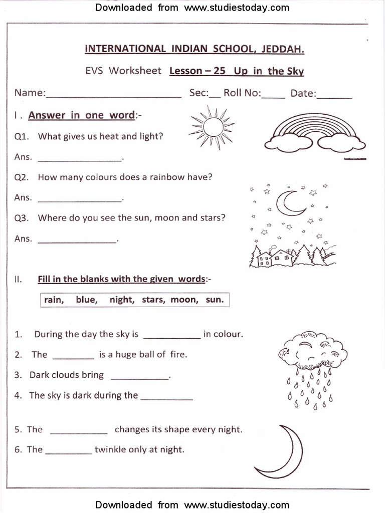 CBSE Class 1 EVS Worksheet - Up in The Sky | PDF