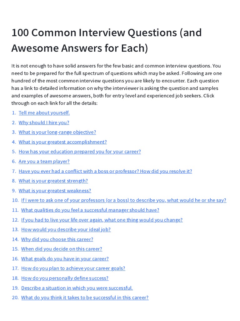 100 Common Interview Questions (And Awesome Answers For Each) | PDF | Behavior Modification ...