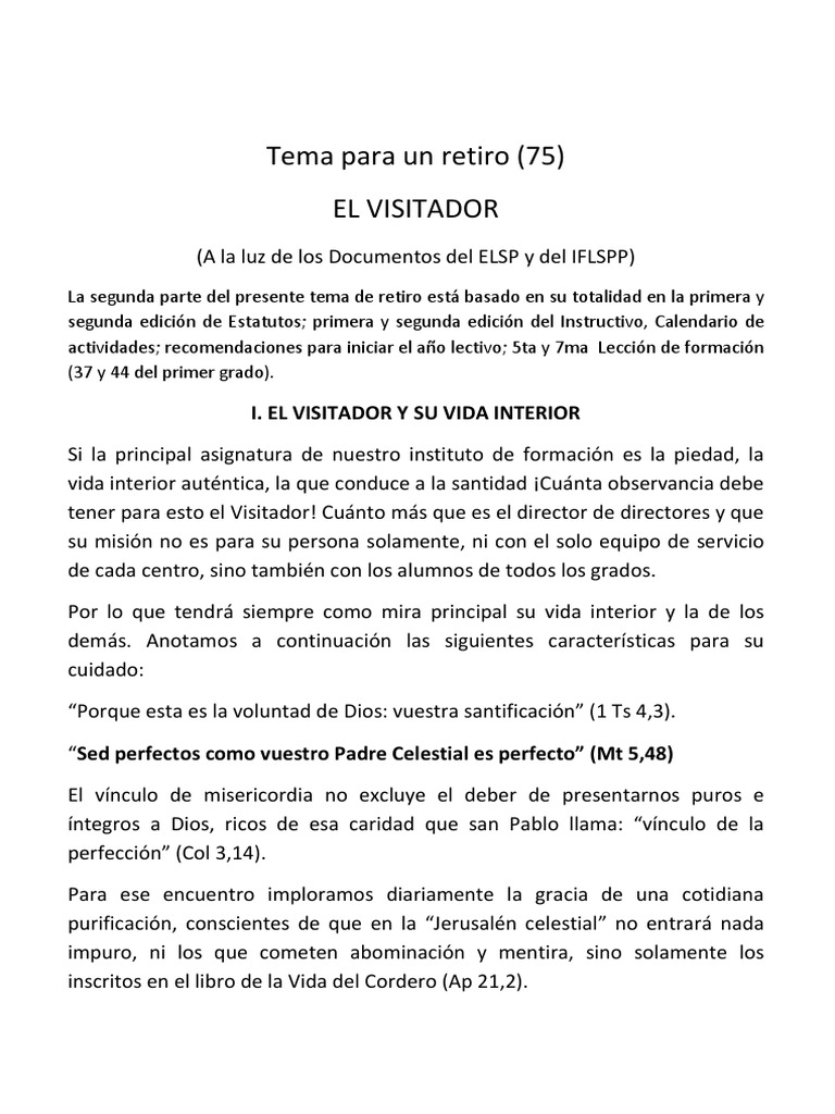 Tema de Retiro 75 El Visitador | PDF | espíritu Santo | Santificación