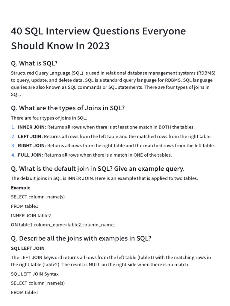 40 SQL Interview Questions Everyone Should Know in 2023 | PDF ...