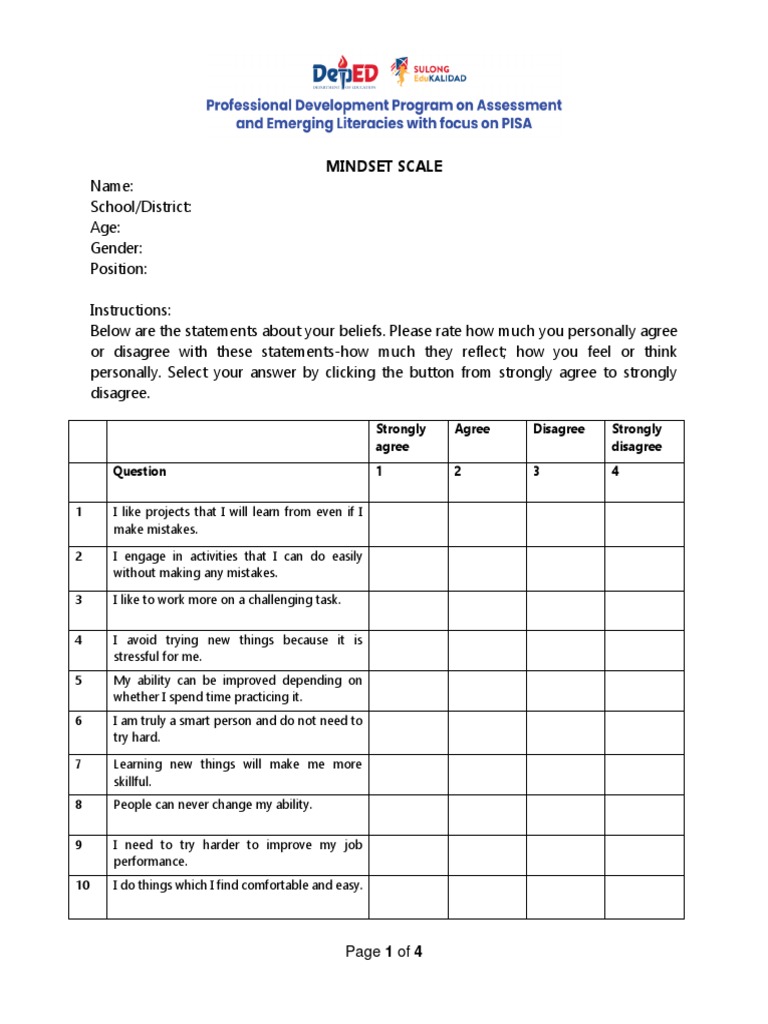 Mindset Scale Assessment Tool | PDF | Mindset | Learning