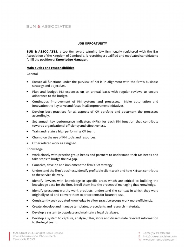 Knowledge Manager Job Opening at Bun & Associates | PDF | Libraries ...